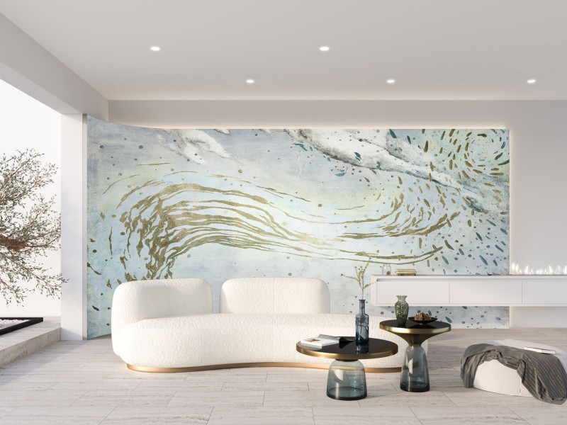 Abstract Blue Mural Walls Beyond Fountain 1