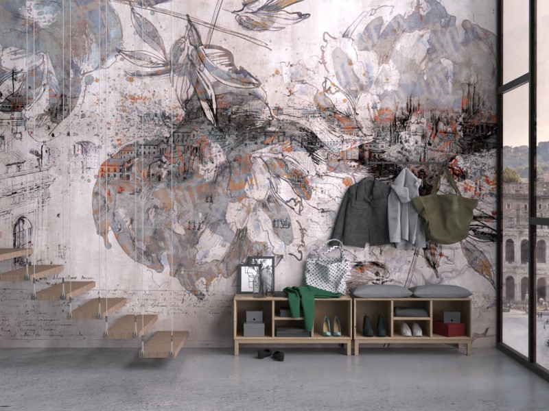 Floral Grey Cream Neutral Mural Walls Beyond Peony Architect