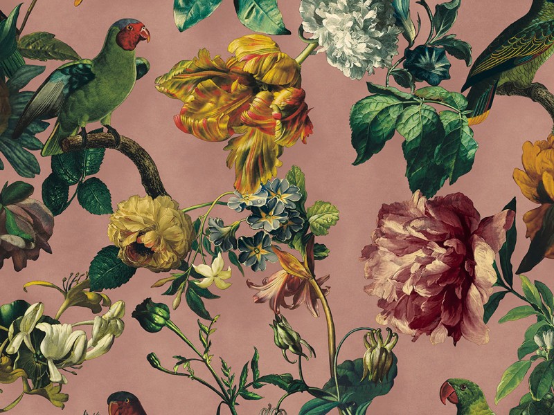 Contemporary Floral Nature Feature Wall Pink Green Wallpaper