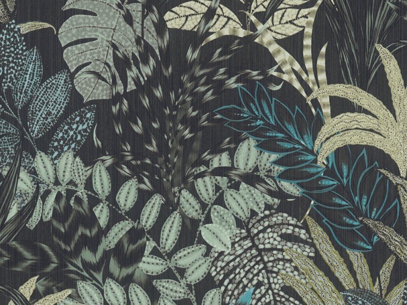 Contemporary Nature Feature Wall Black Blue Green Wallpaper